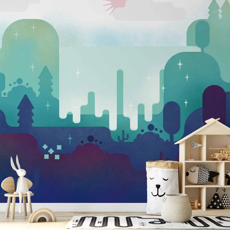 Fototapet Sagolikt landskap - tecknat landskap med berg och träd för ...